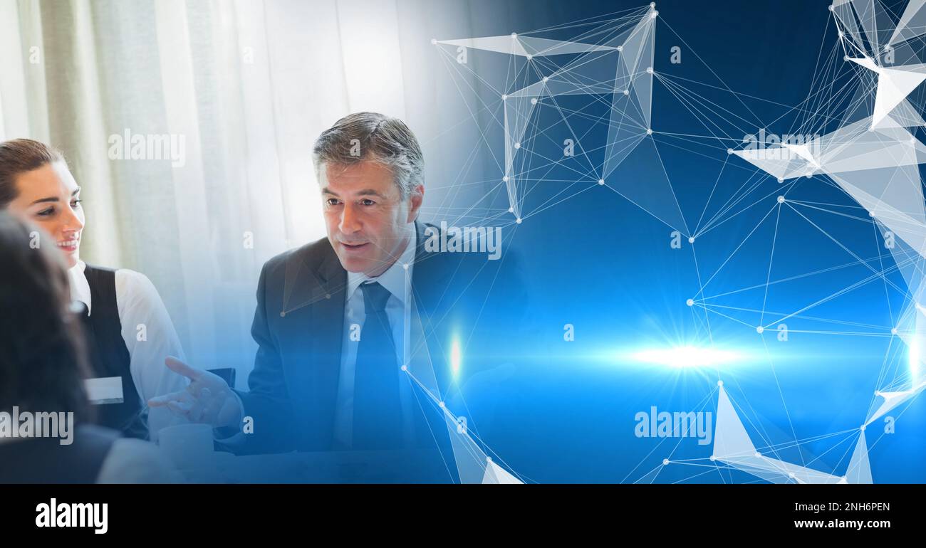 Composition of happy diverse businesspeople in meeting over interface ...