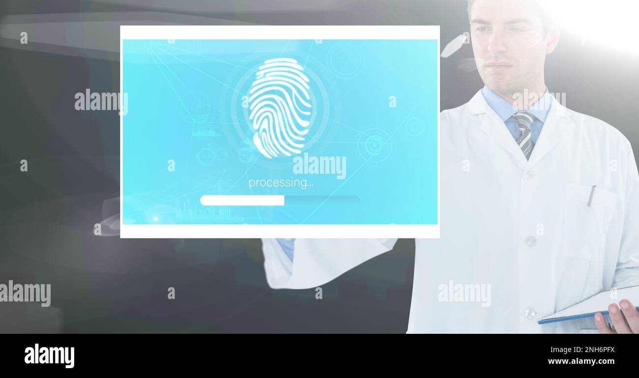 Composition of male doctor touching screen with biometric fingerprint ...