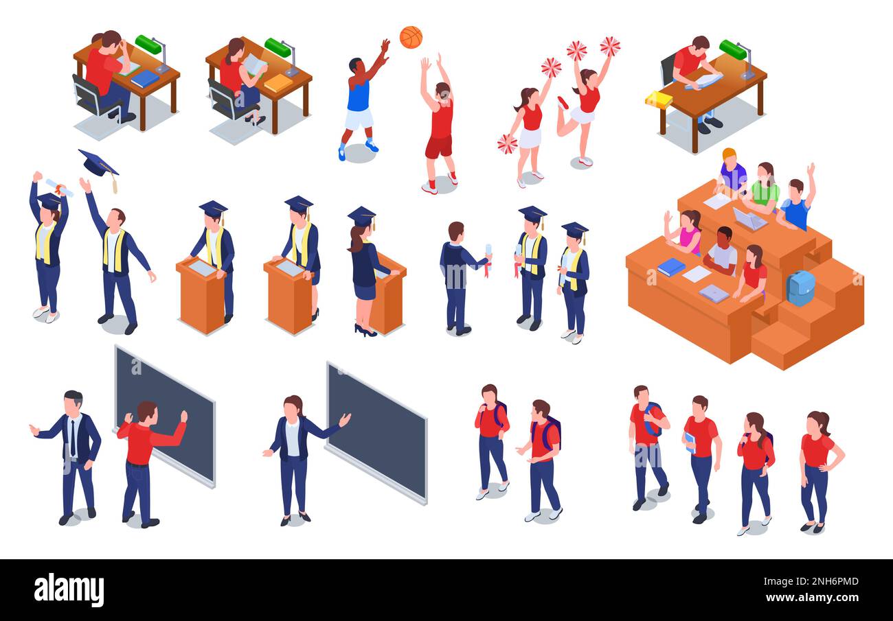 Isometric set of college or university students in different studing ...