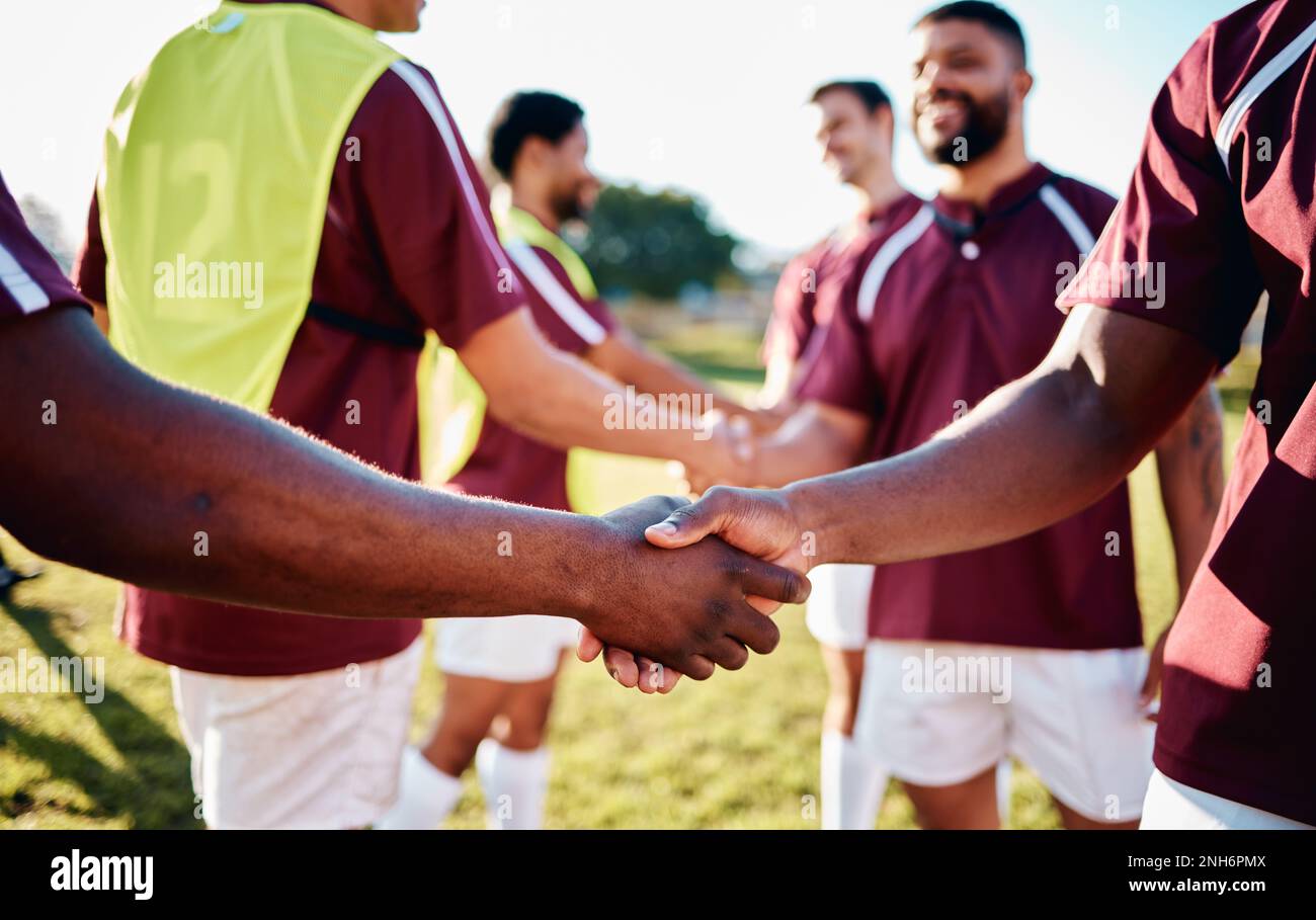 Men, sports and handshake for greeting, introduction or sportsmanship ...