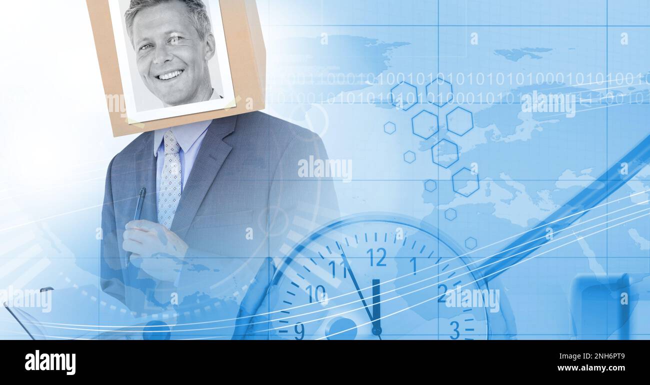 Composition of financial statistics processing, clock and businessman ...
