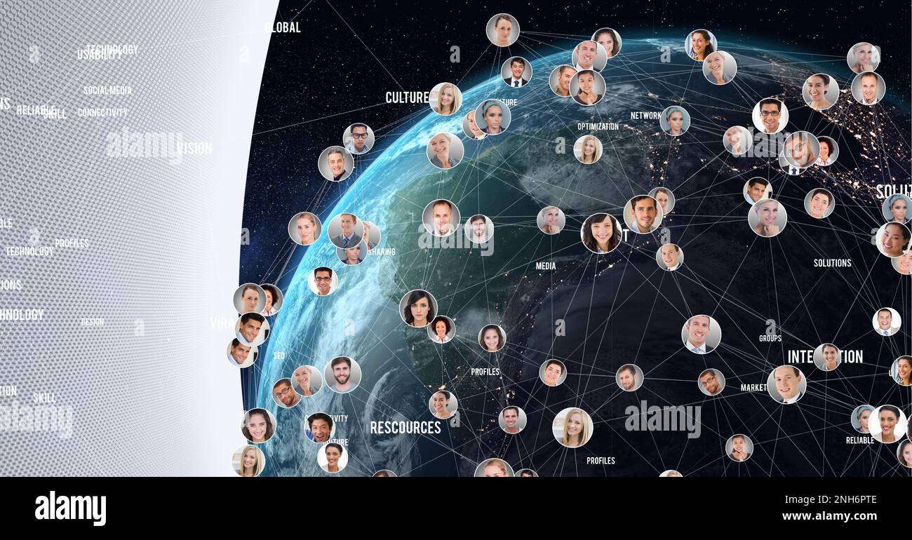 Composition of people's photographs, business text with network of ...