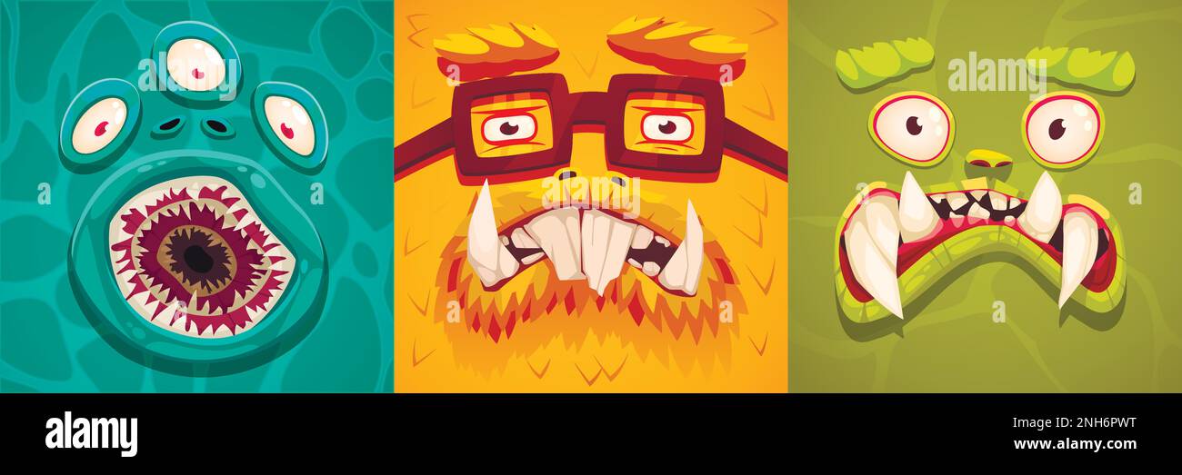 Monster multicolored design concept set of three square images of sharp ...