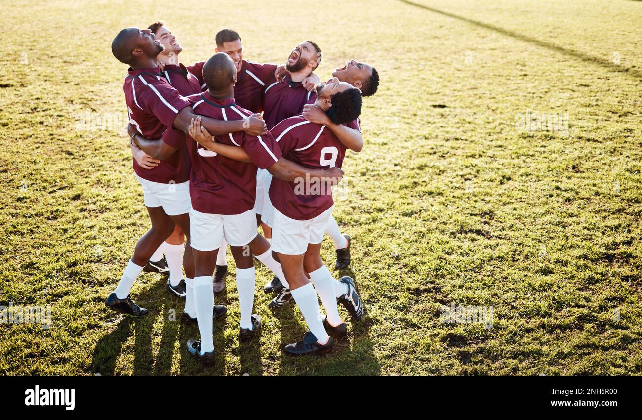Fitness, field and group in a huddle with motivation, strategy and ...