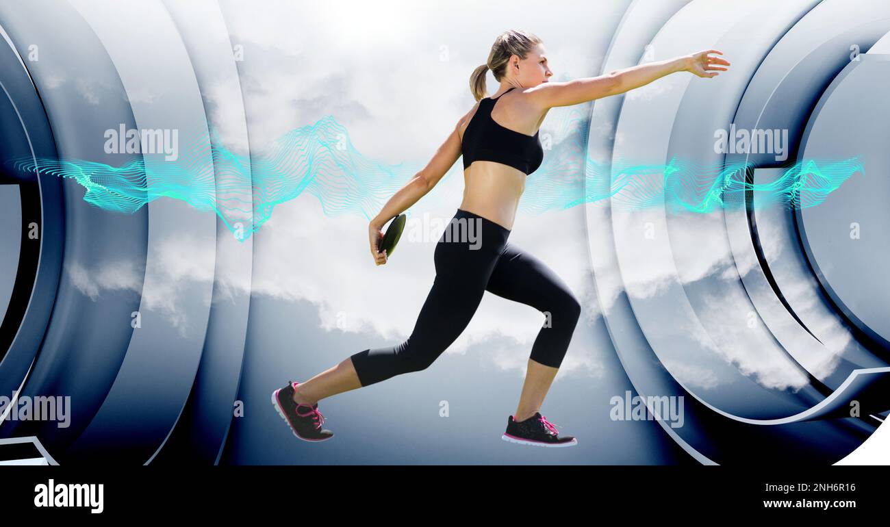 Composition of female athlete throwing discus against blue trails and ...