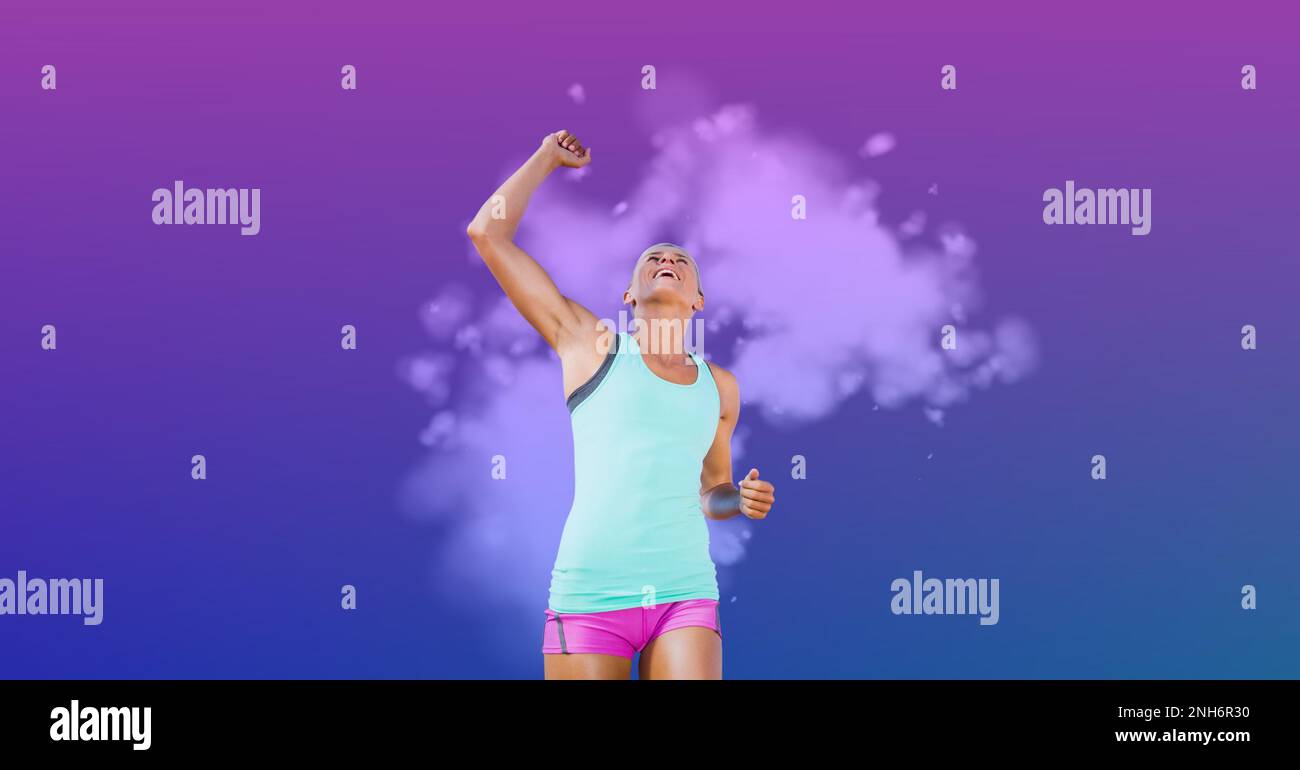 Composition of smiling fit caucasian female athlete celebrating win ...