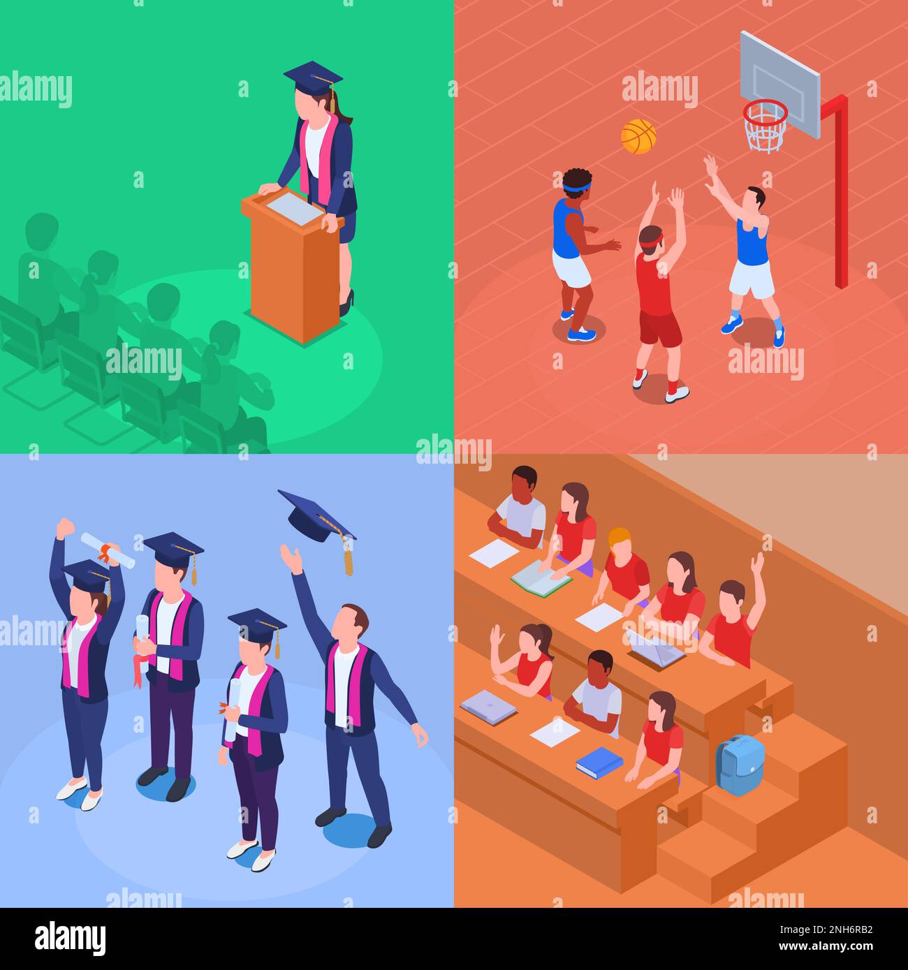 College isometric 2x2 set with university students styding and doing ...