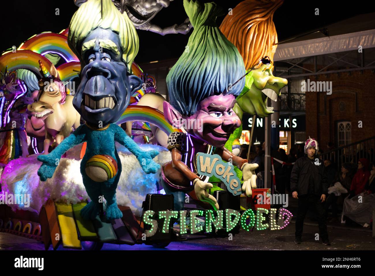AALST, BELGIUM, 19 FEBRUARY 2023: Rainbow colored illuminted float with ...