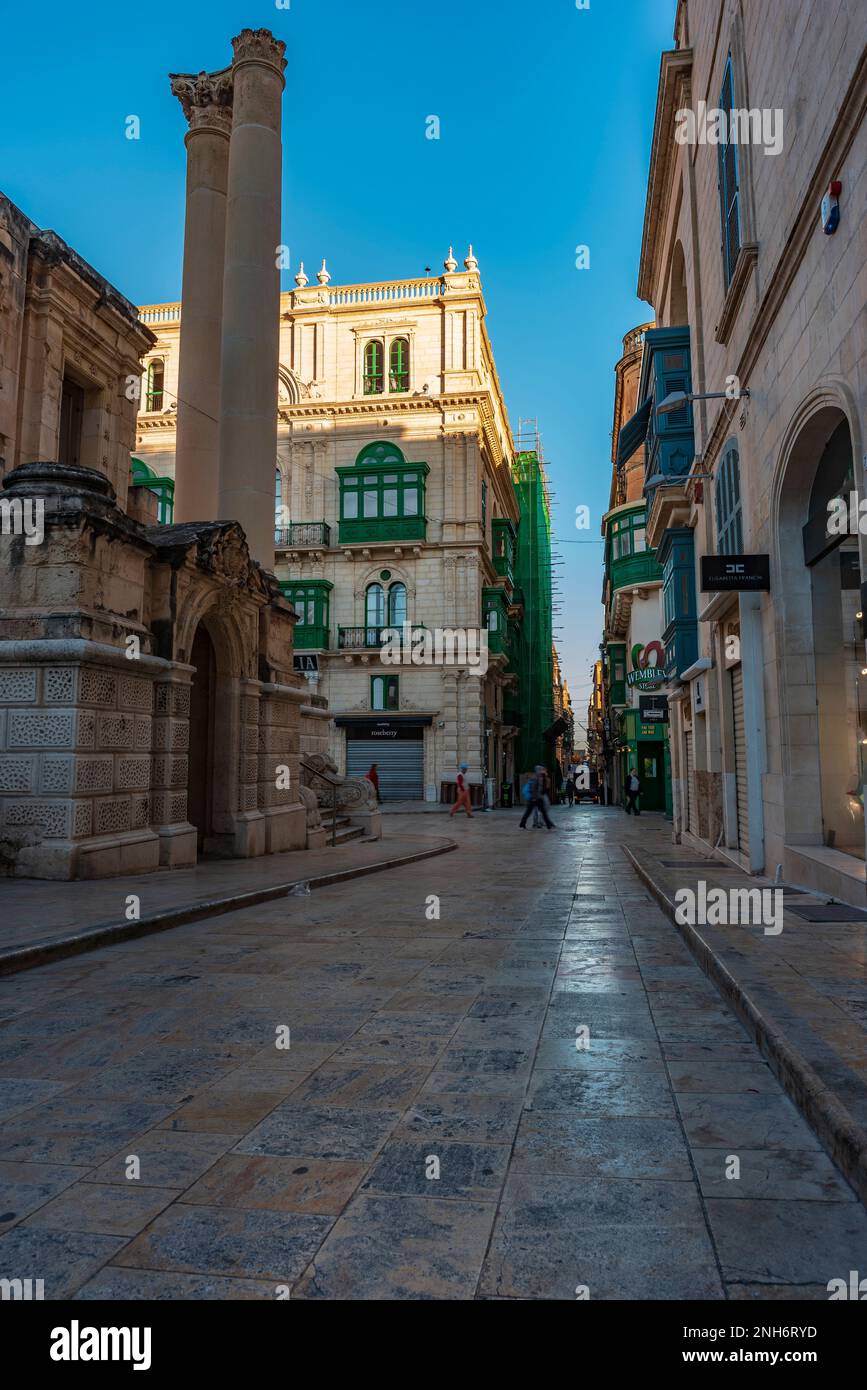 Pedestrian street in the historic city center of Valletta, Malta Stock ...