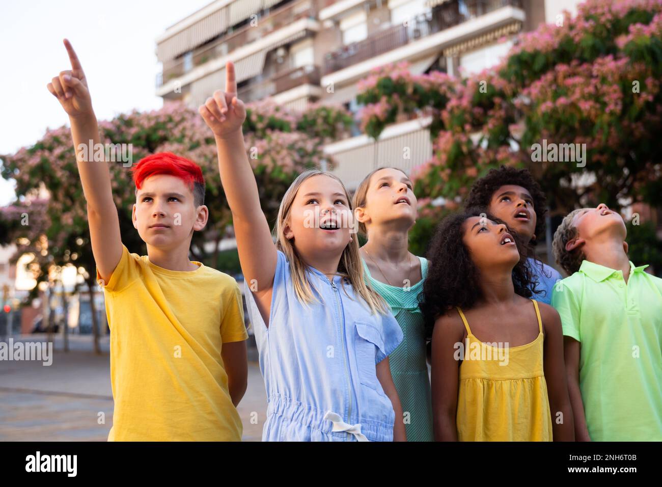 Group of surprised kids pointing fingers and looking up outdoors Stock ...
