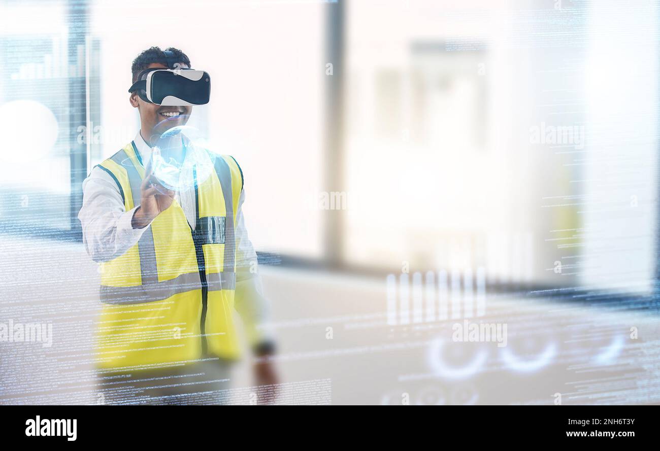 Construction, futuristic and architect with virtual reality and man ...