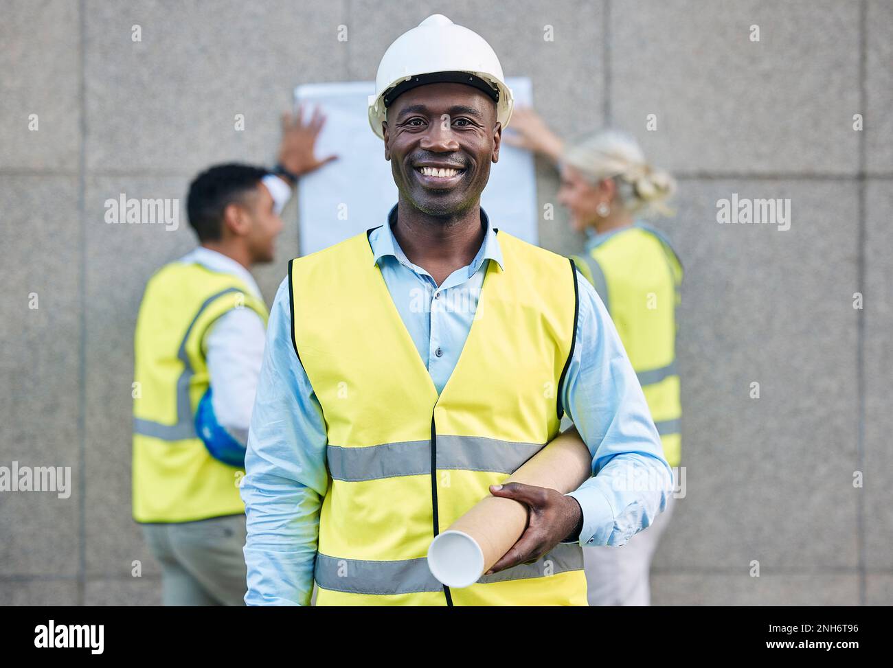 Black man, architect and portrait smile with blueprint in building or ...