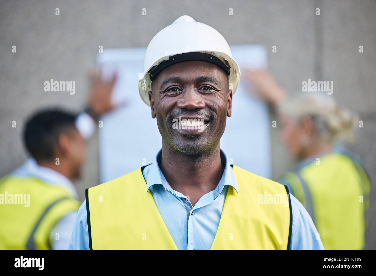 Black man, architect and portrait smile in building or construction ...