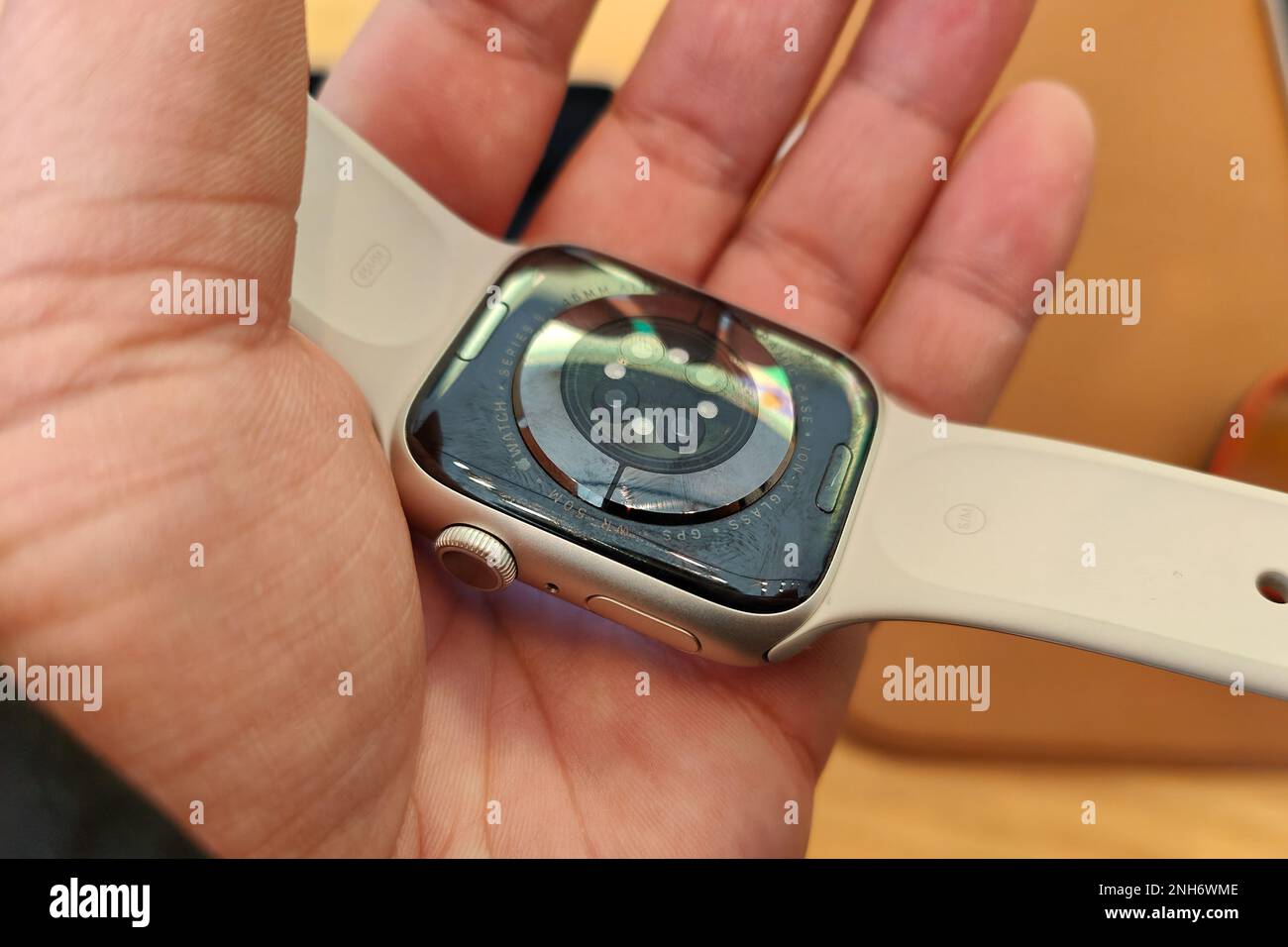 SHANGHAI, CHINA - FEBRUARY 21, 2023 - An Apple Watch with a round bump ...