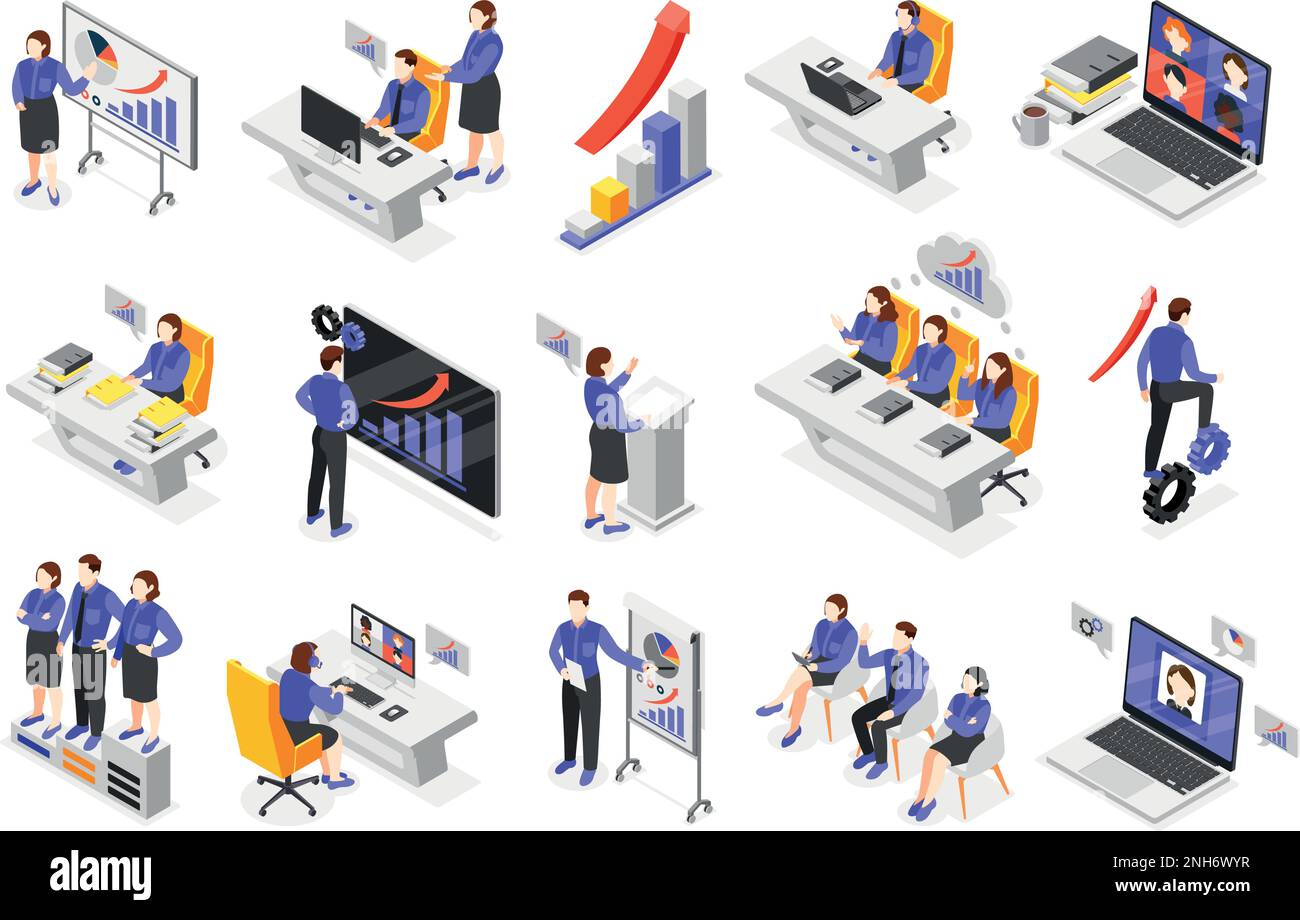 Business training isometric icons set with organization consulting and ...