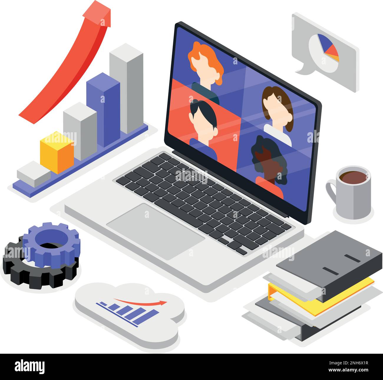 Business training isometric composition with open notebook with online ...