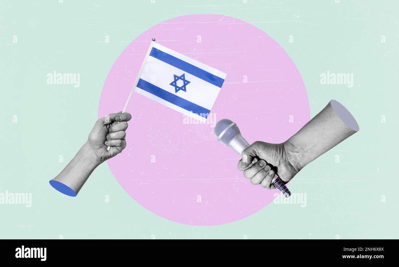 Art collage, collage of a hand holding the flag of Israel, microphone ...