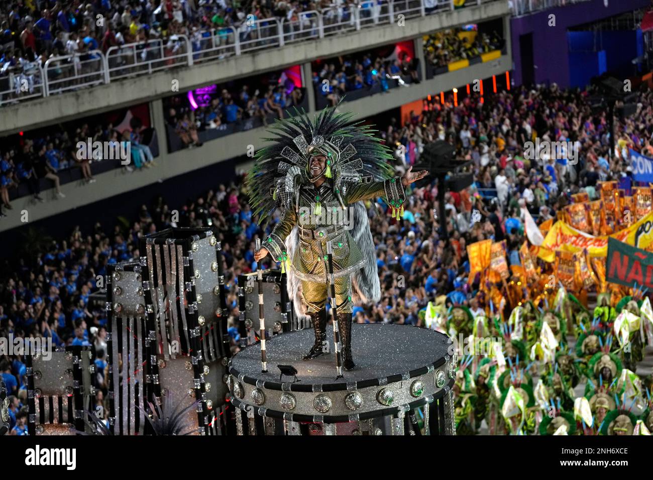 Performer from the Beija Flor samba school parades on a float during ...