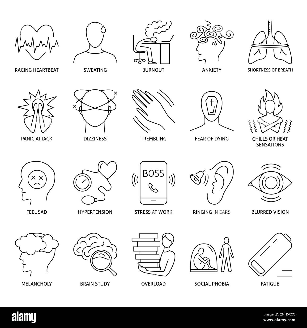 Stress symptoms and causes icon set in line style. Vector illustration ... Stress symptoms and causes icon set in line style. Vector illustration ...