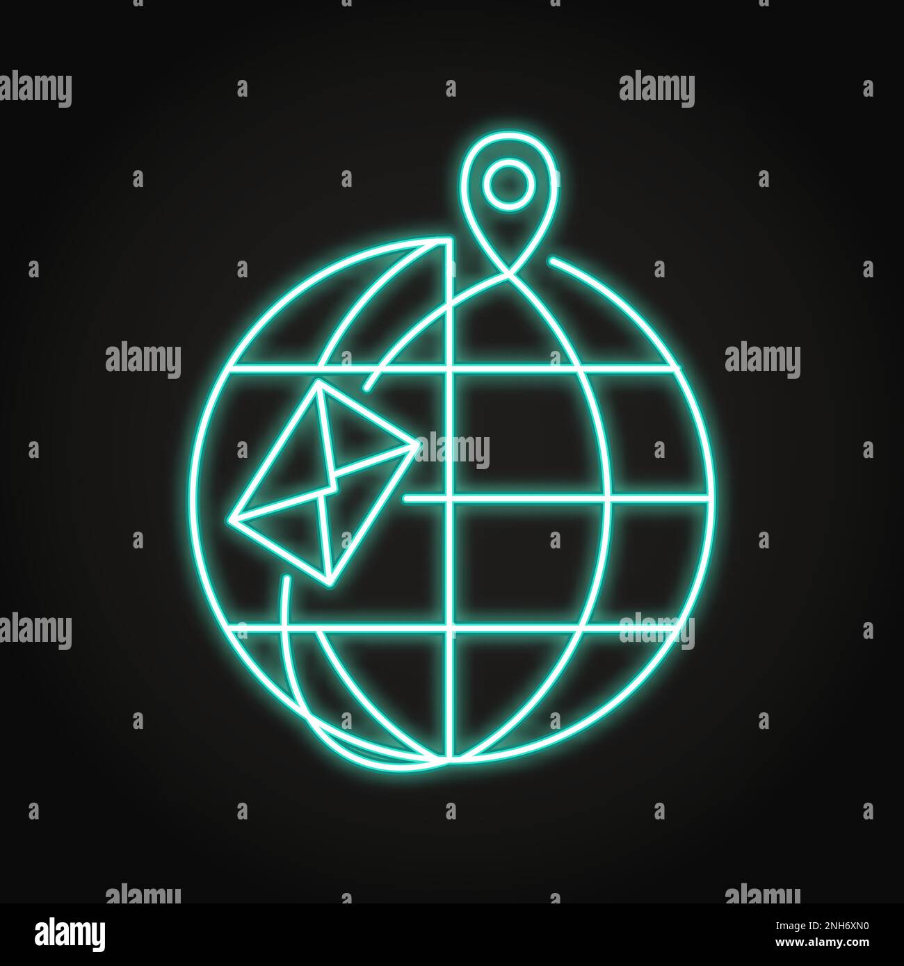 Earth globe with mail neon icon in line style. Letter traveling around ...