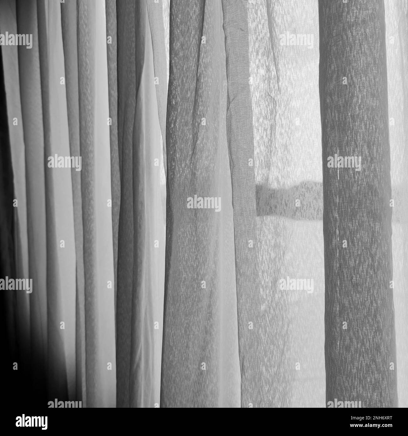 A monochrome photo of a bright sunlit window with sheer white curtains ...