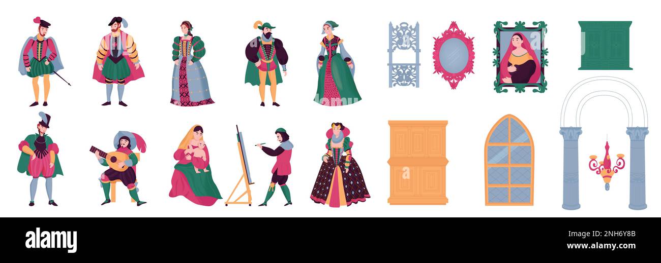 Renaissance style color icon set windows arches mirrors and paintings ...