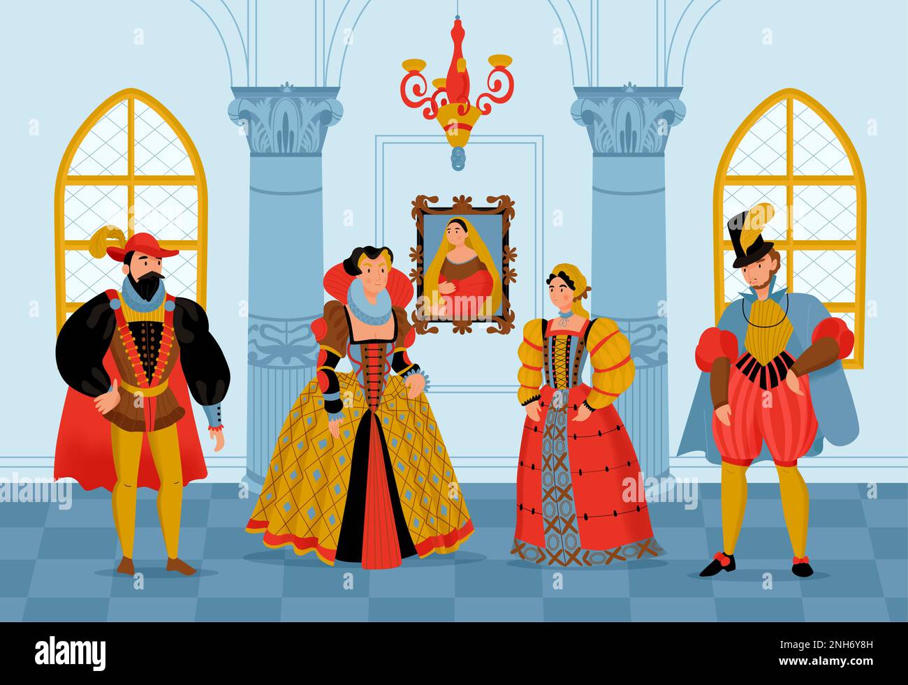 Renaissance style composition men and women in medieval dress inside ...