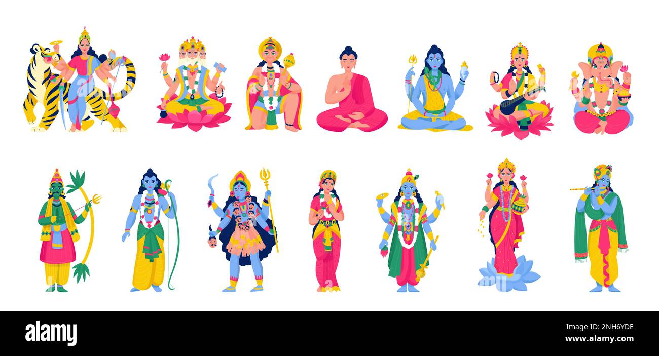 Ancient indian hindu gods icon set various deities in expensive ...