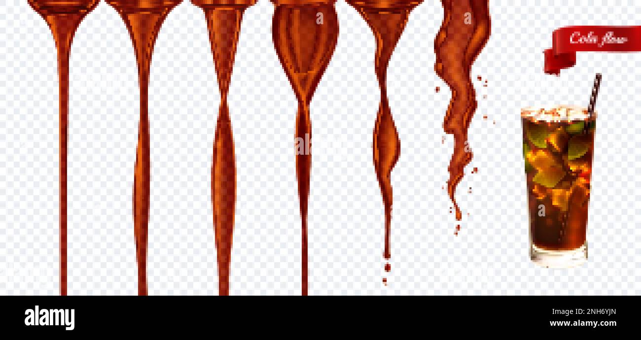 Cola flow realistic set of isolated red liquid stream icons on ...