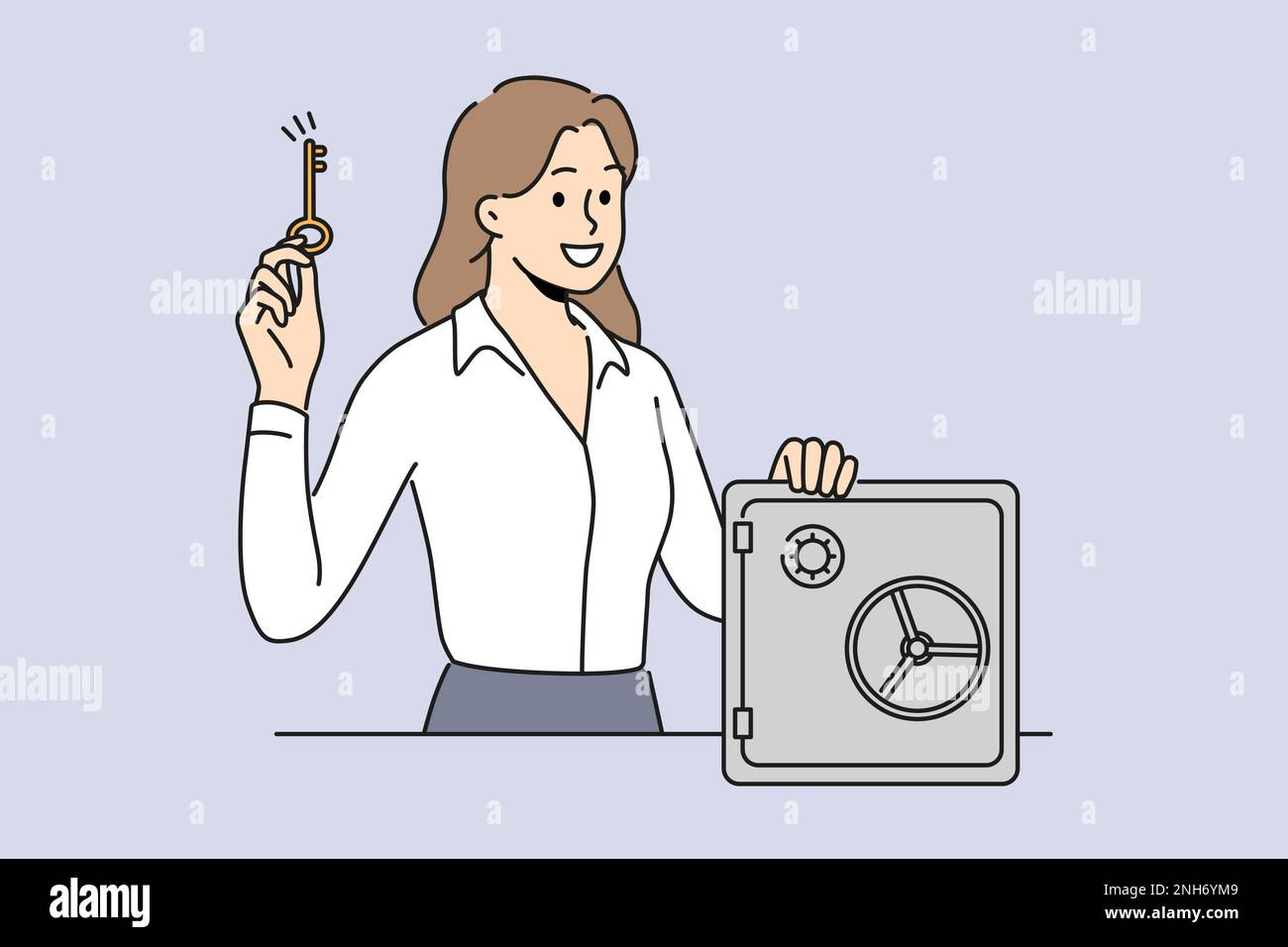 Smiling businesswoman with key standing near strongbox. Happy female ...