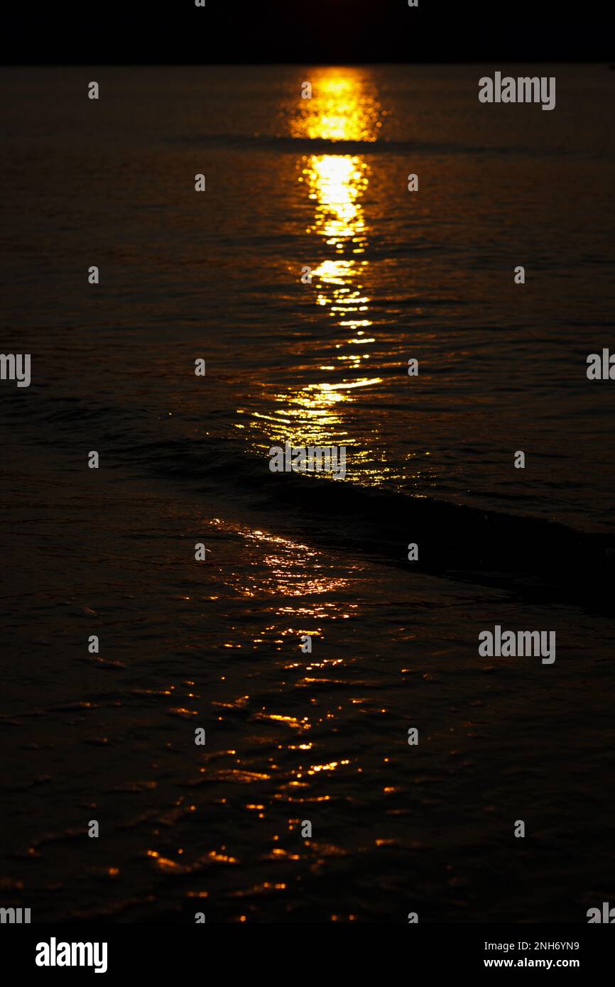 Early summer dawn at sea, first rays of sun are reflected in waves of ...