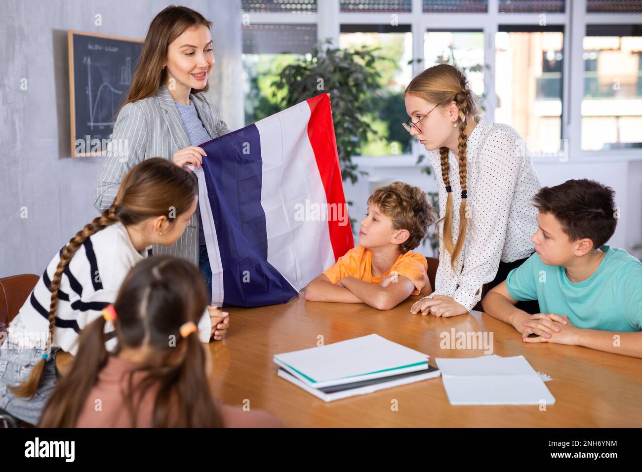 Geography lesson in school class - teacher talks about France, holding ...