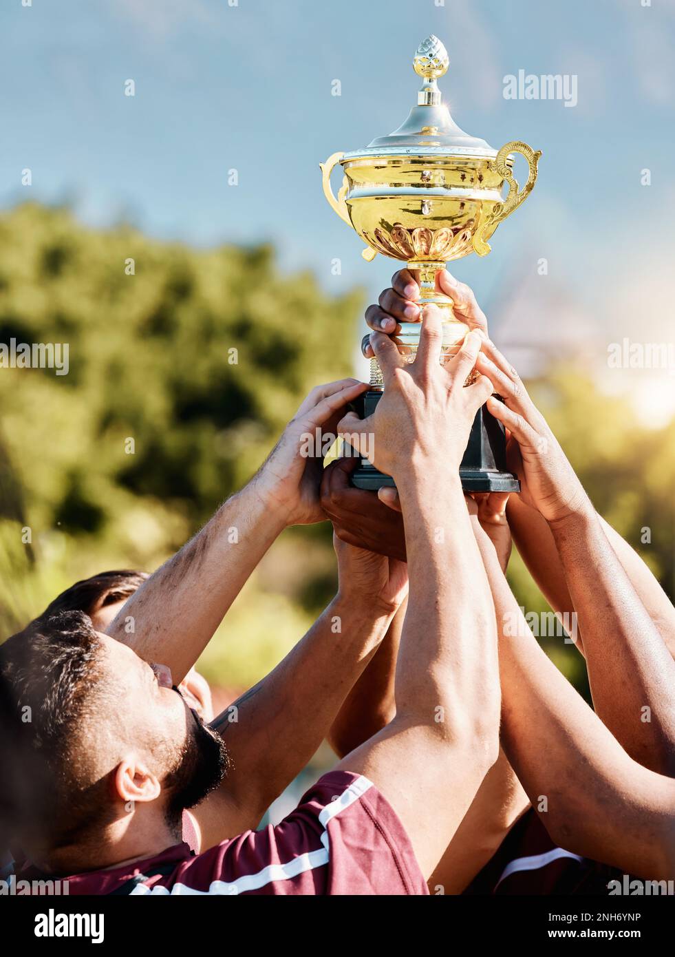 Rugby, champion or hands of team with trophy for achievement, goals or ...