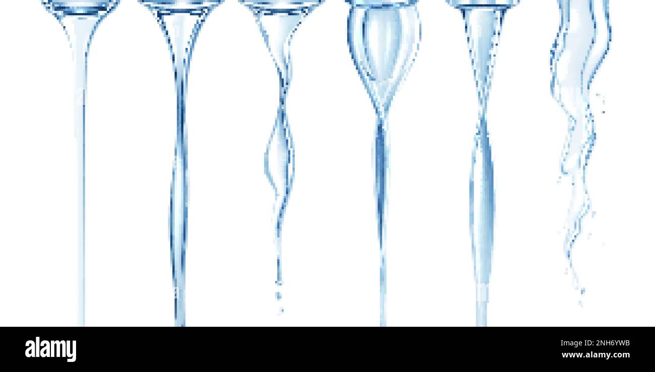 Set with isolated liquid flow realistic images of downward water ...