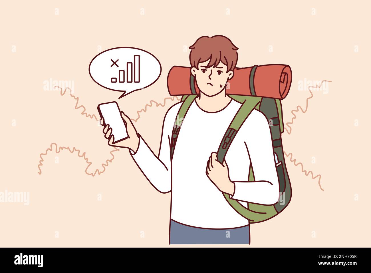 Lost traveler with backpack on back is looking for mobile network to ...