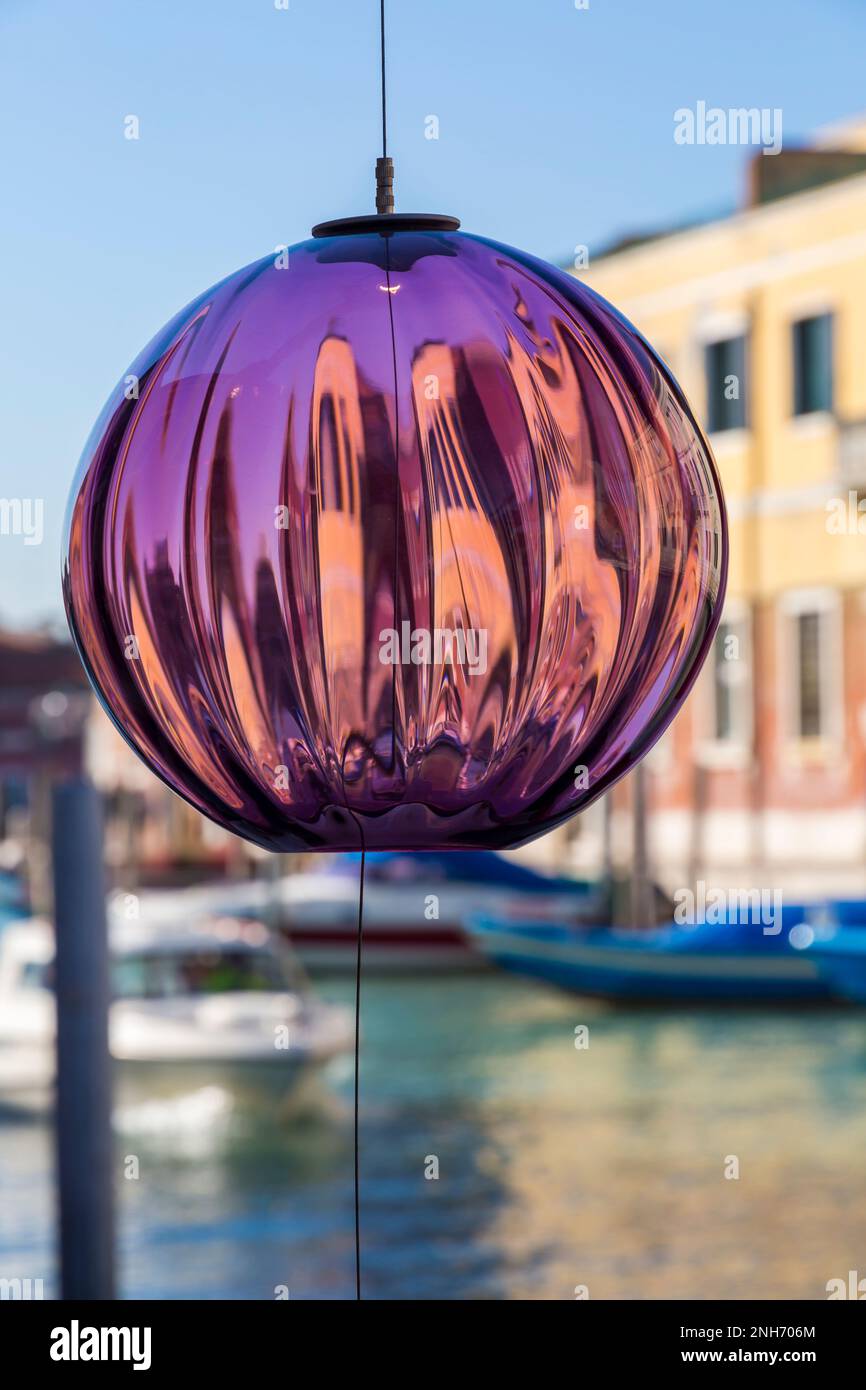 Close up of pink glass light with reflections hanging at Murano, Venice, Italy in February Stock ...