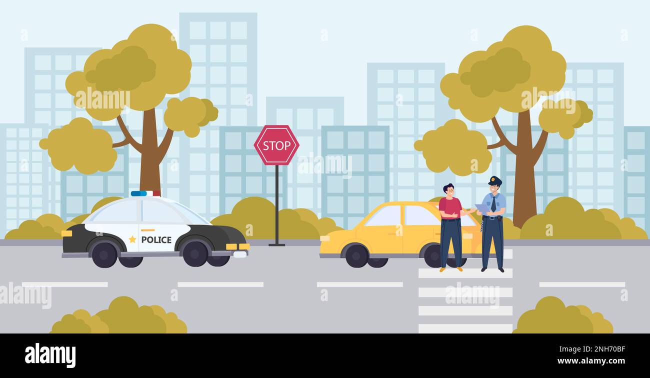 Traffic police flat concept police officer registers a traffic offence ...