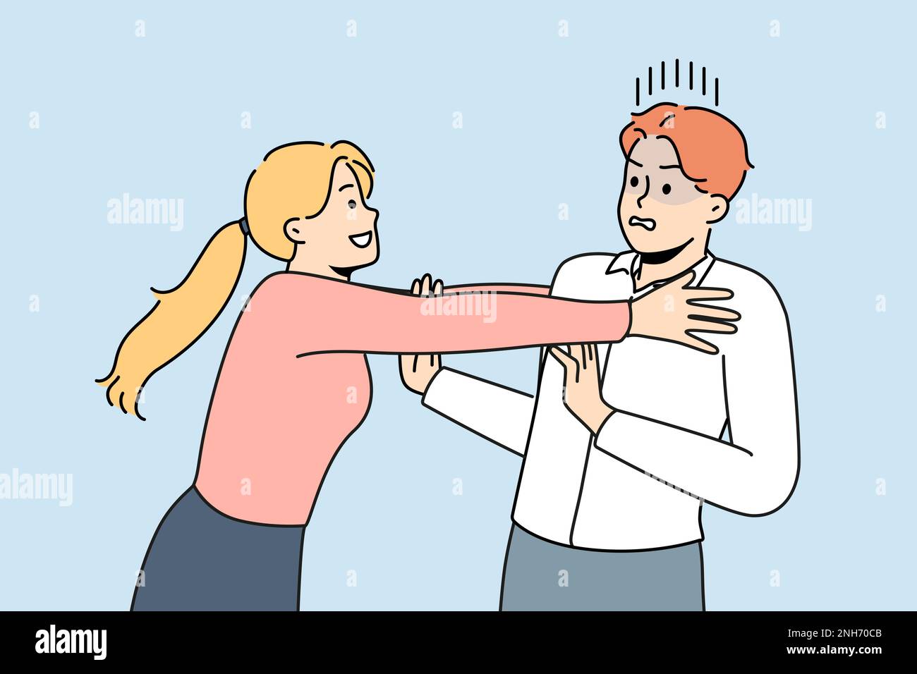 Happy woman in love show affection and attachment to frustrated man ...