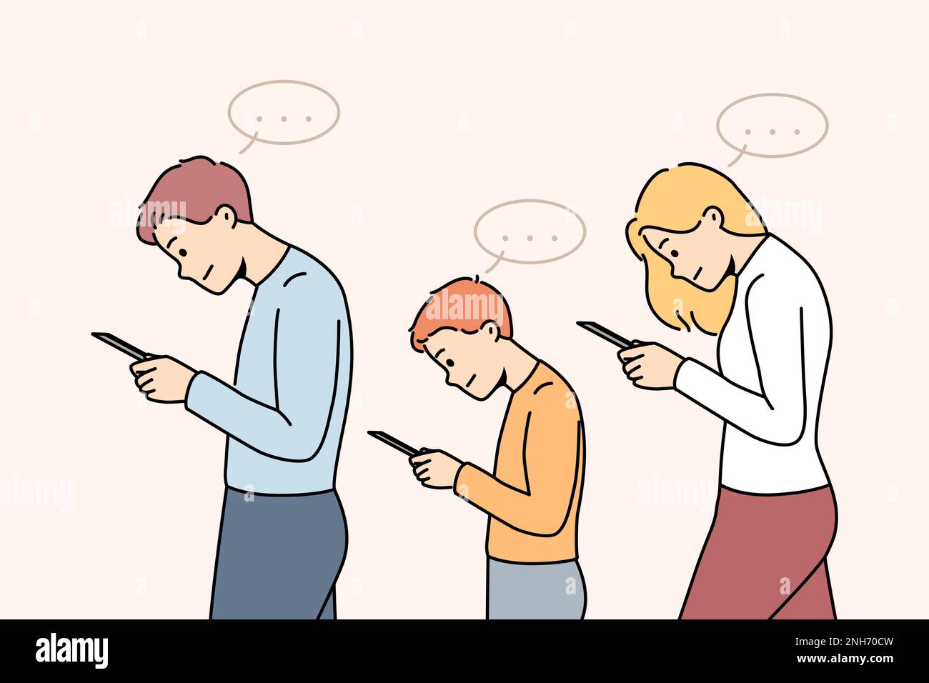 Family with child walk using cellphone. Parents and kid addicted to ...