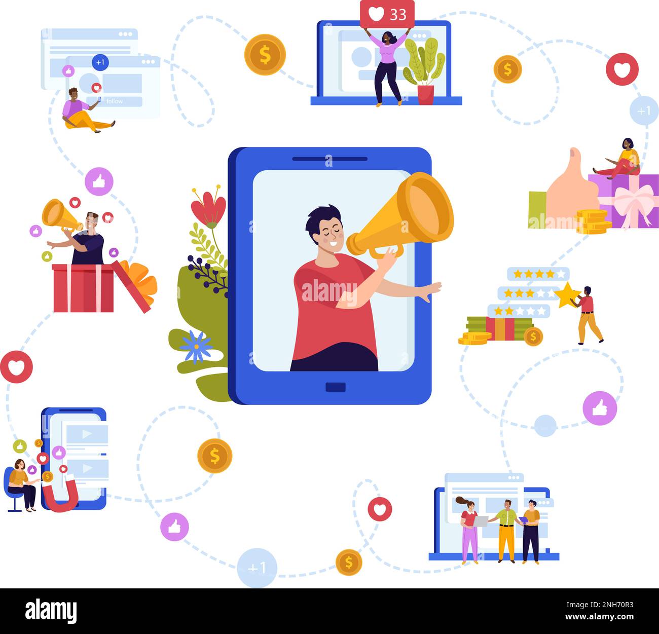 Referral program flat infographic megaphone man invites users to vote ...