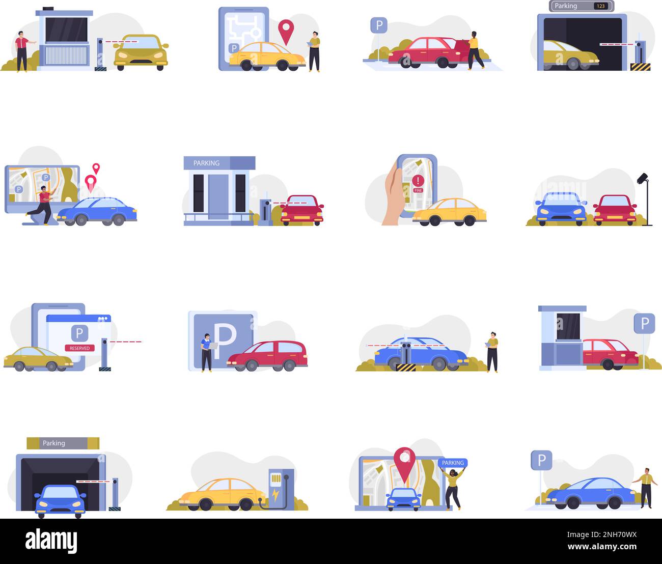 Parking flat colored icon set guarded and unguarded parking with ...