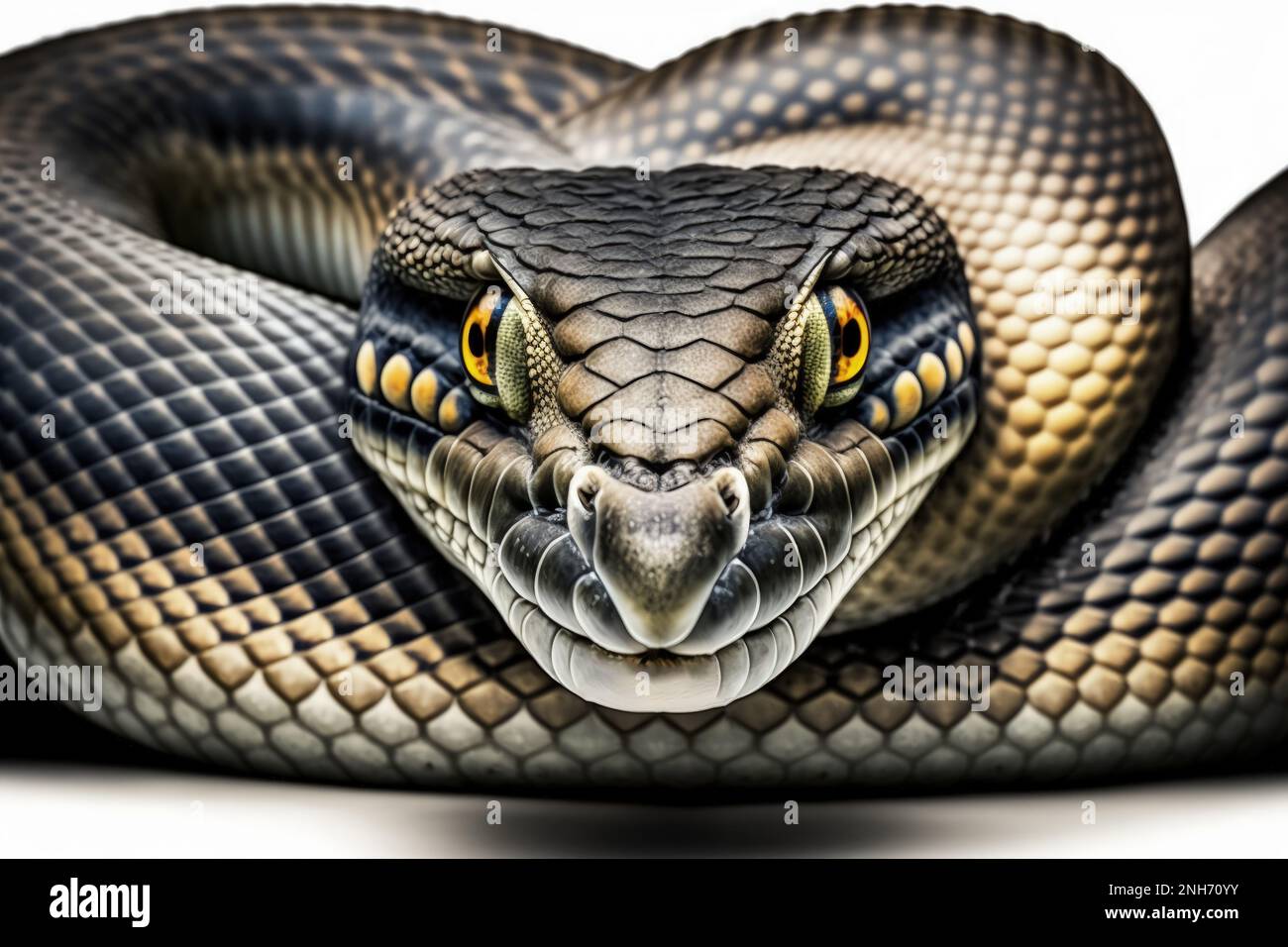 closeup of a majestic and calm king cobra snake coiled up on a white ...