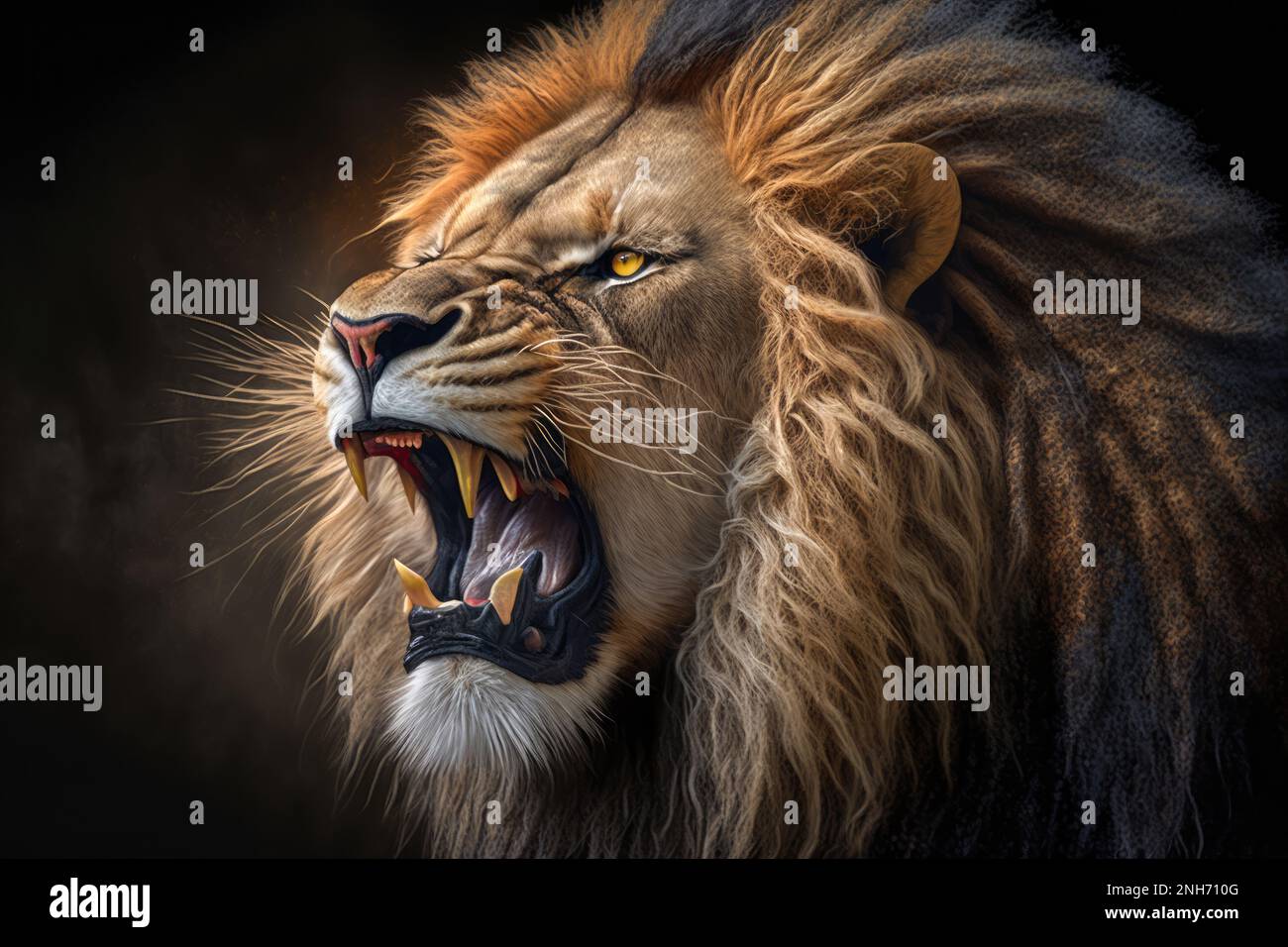 Close-up of a big angry lion roaring on a defocused black background ...