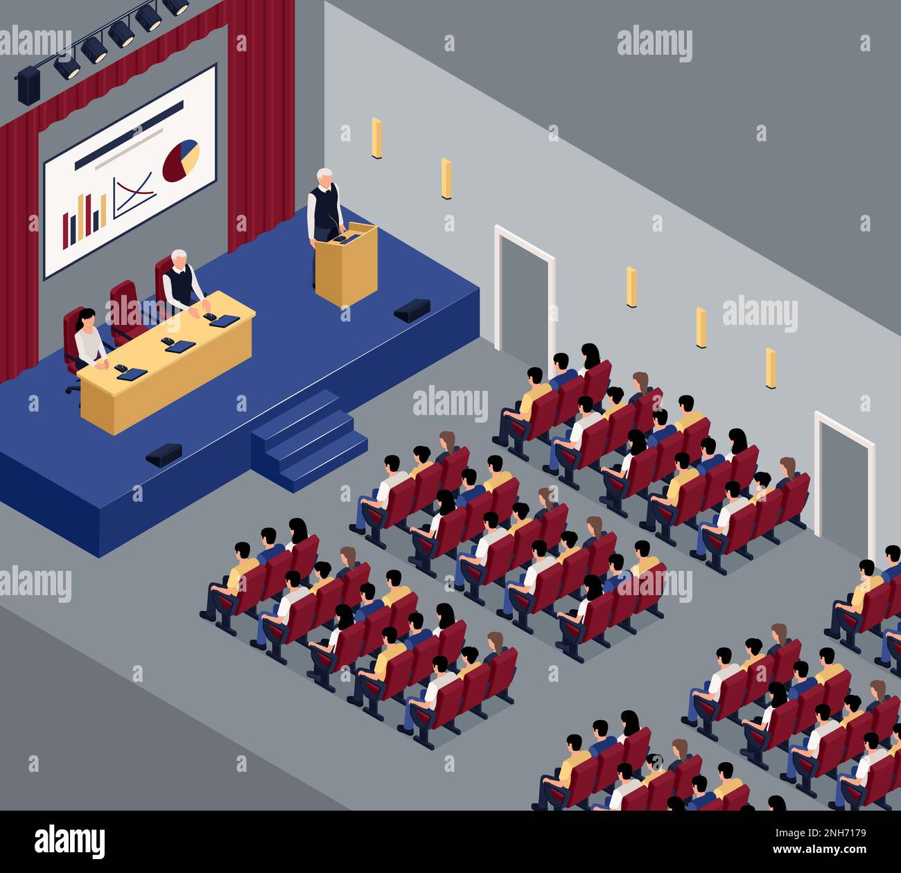 Isometric press conference hall composition with full audience vector ...
