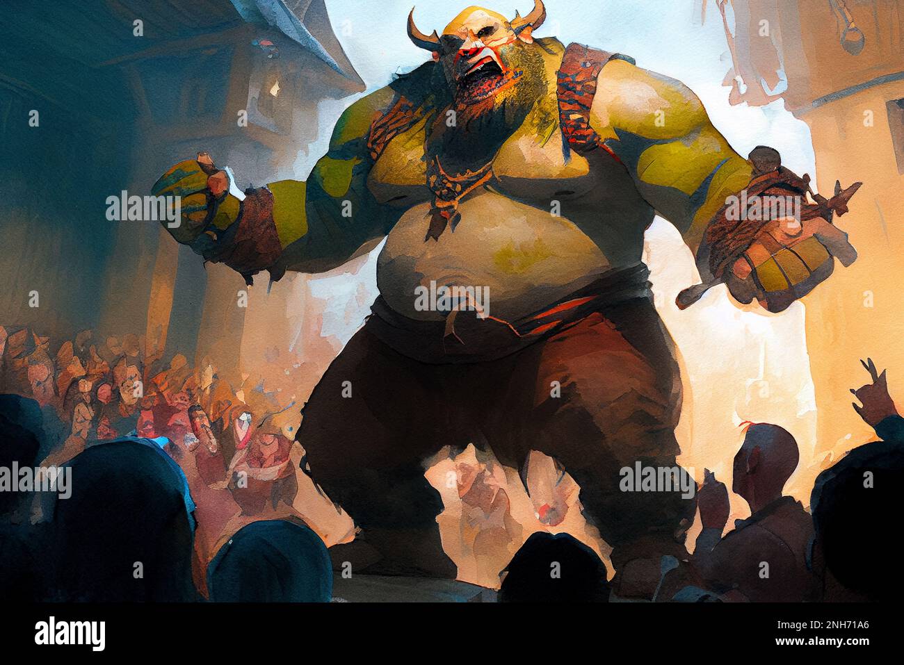 A giant ogre, with a big belly and sharp teeth, threatening a group of ...