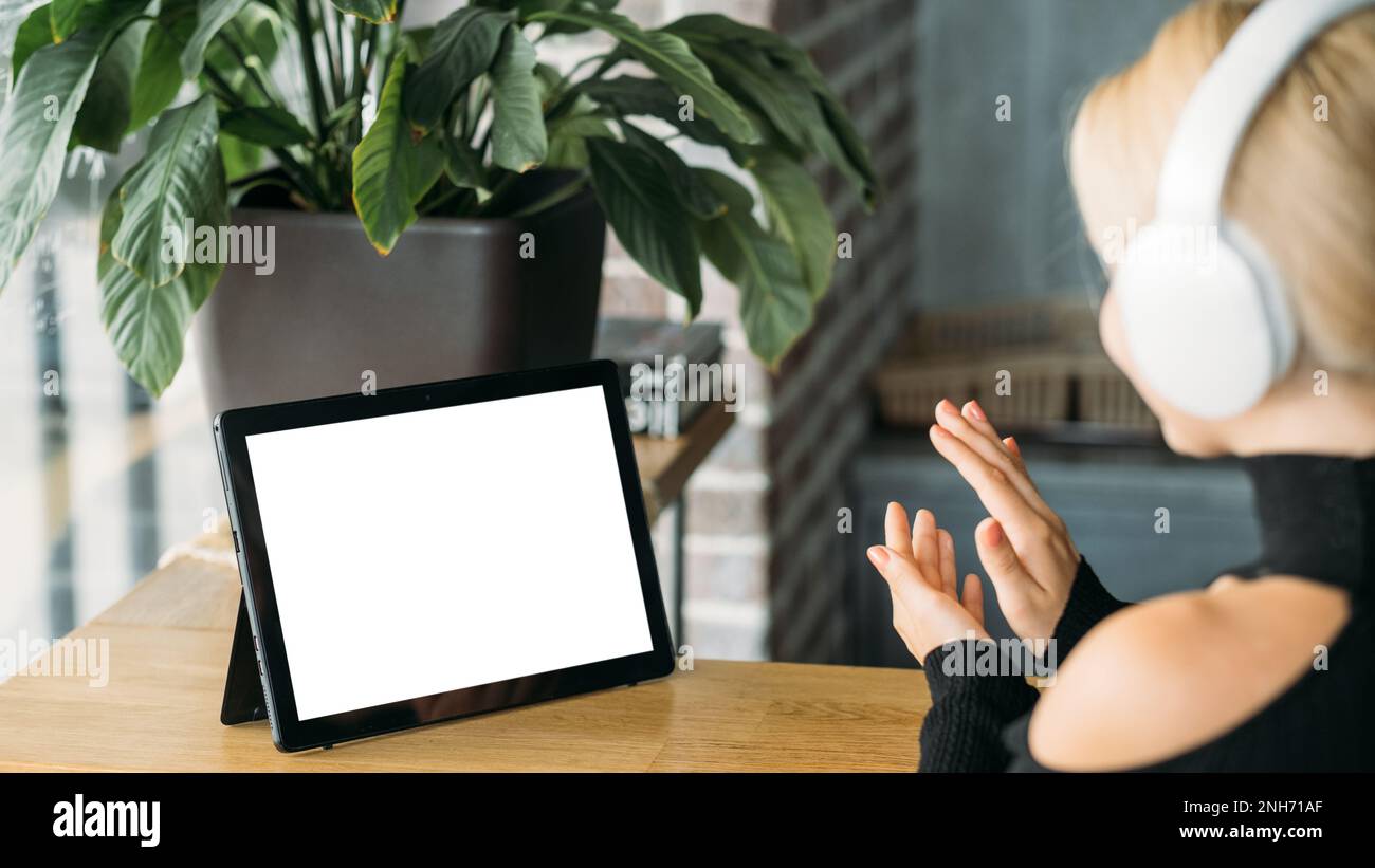 Online courses. Applauding woman. Digital mockup. Unrecognizable lady ...