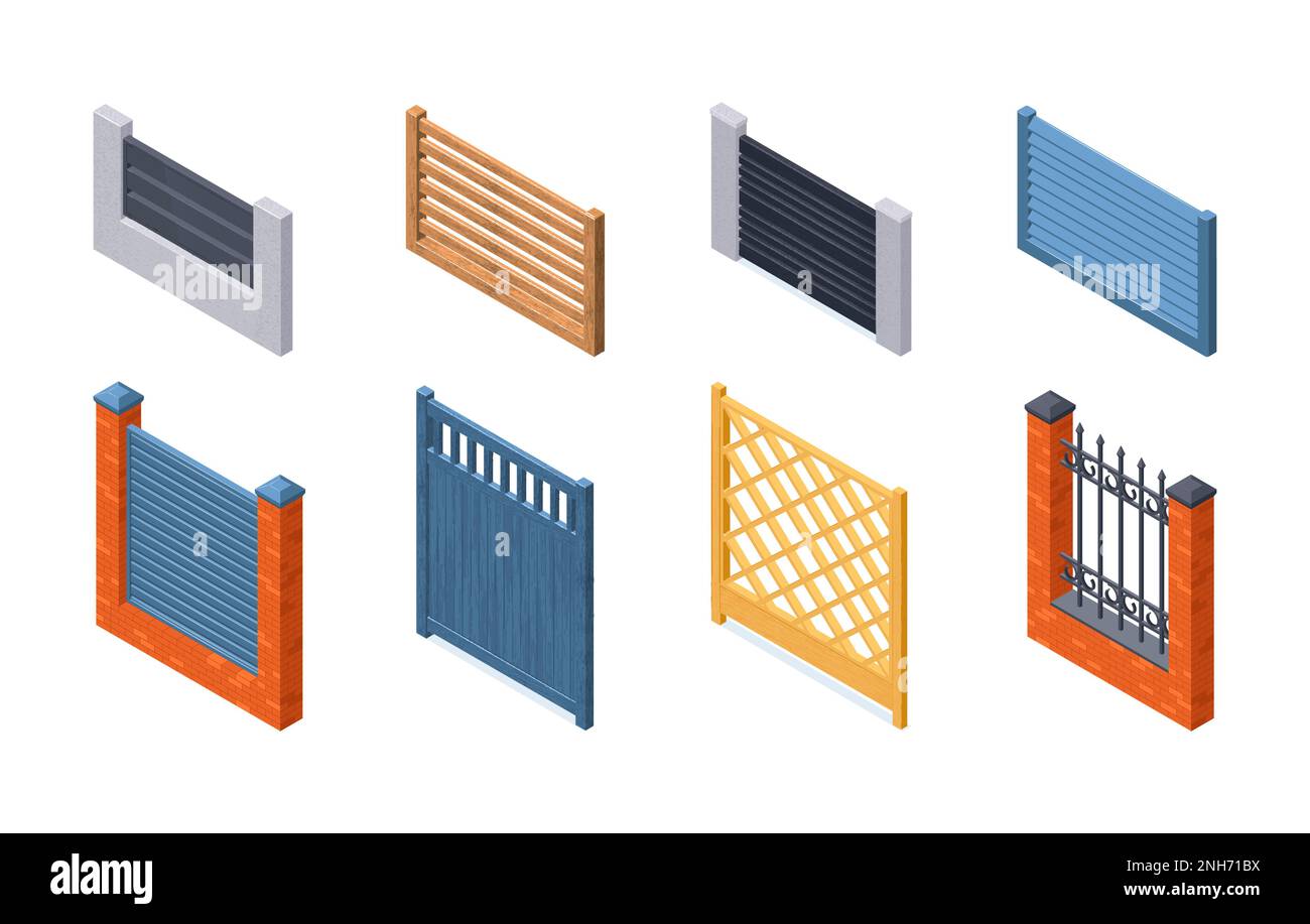 Isometric set of private house gates and fence blocks isolated vector ...