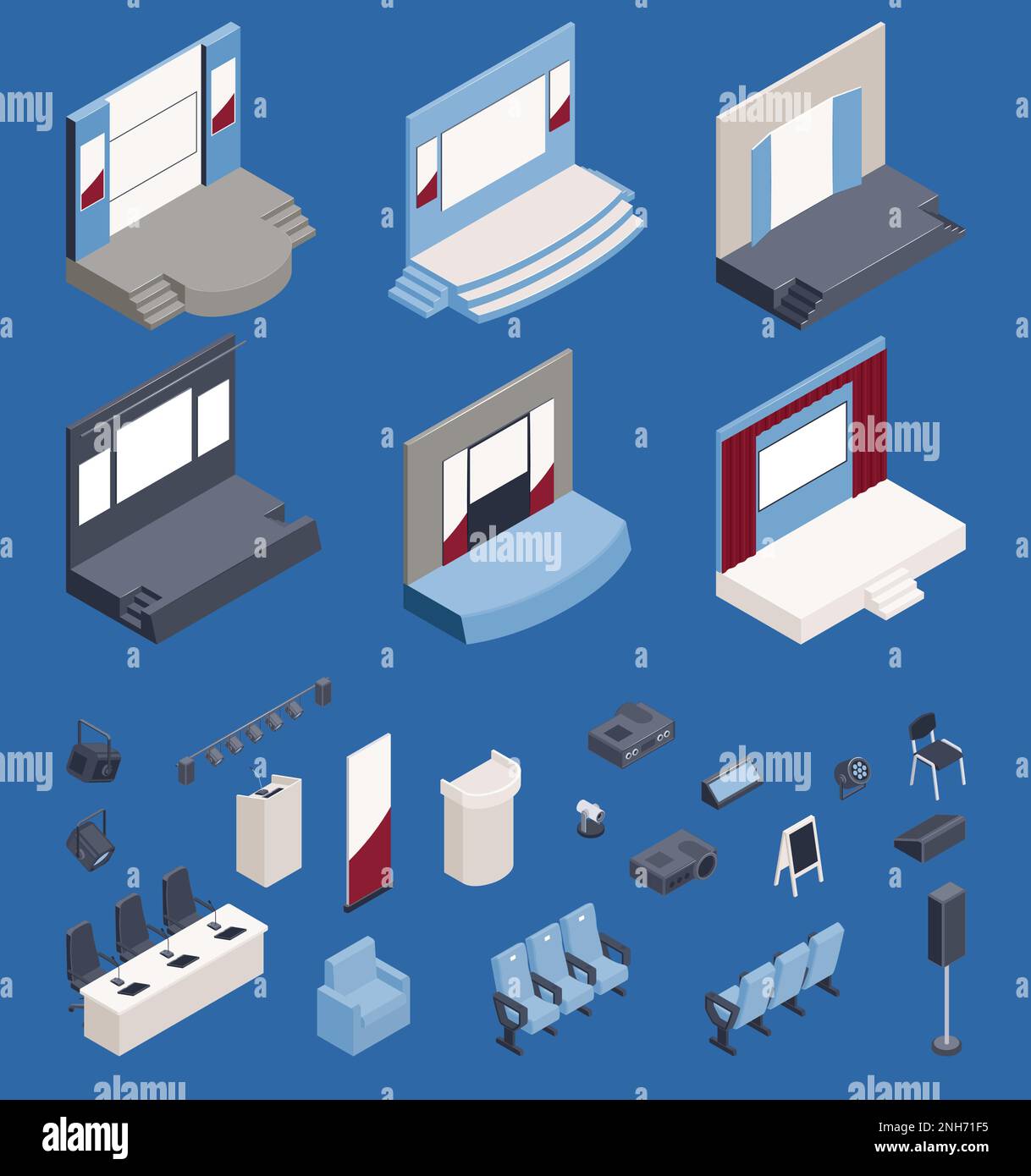 Press conference hall constructor isometric icons set including tribune ...