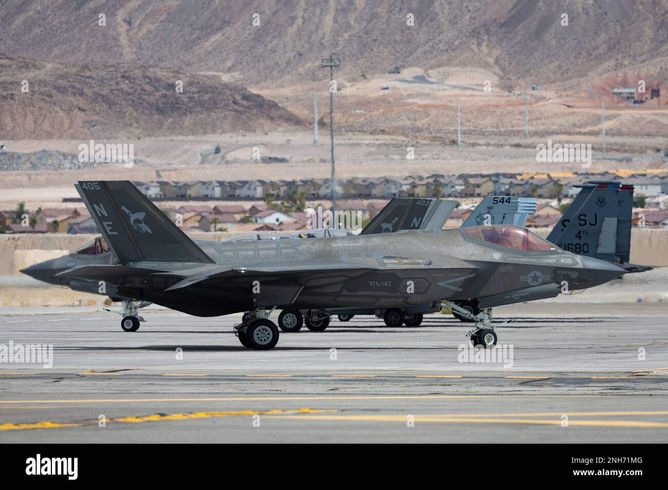 An F-35C Lightning II assigned to Strike Fighter Squadron (VFA) 147, Naval Air Station Lemoore ...