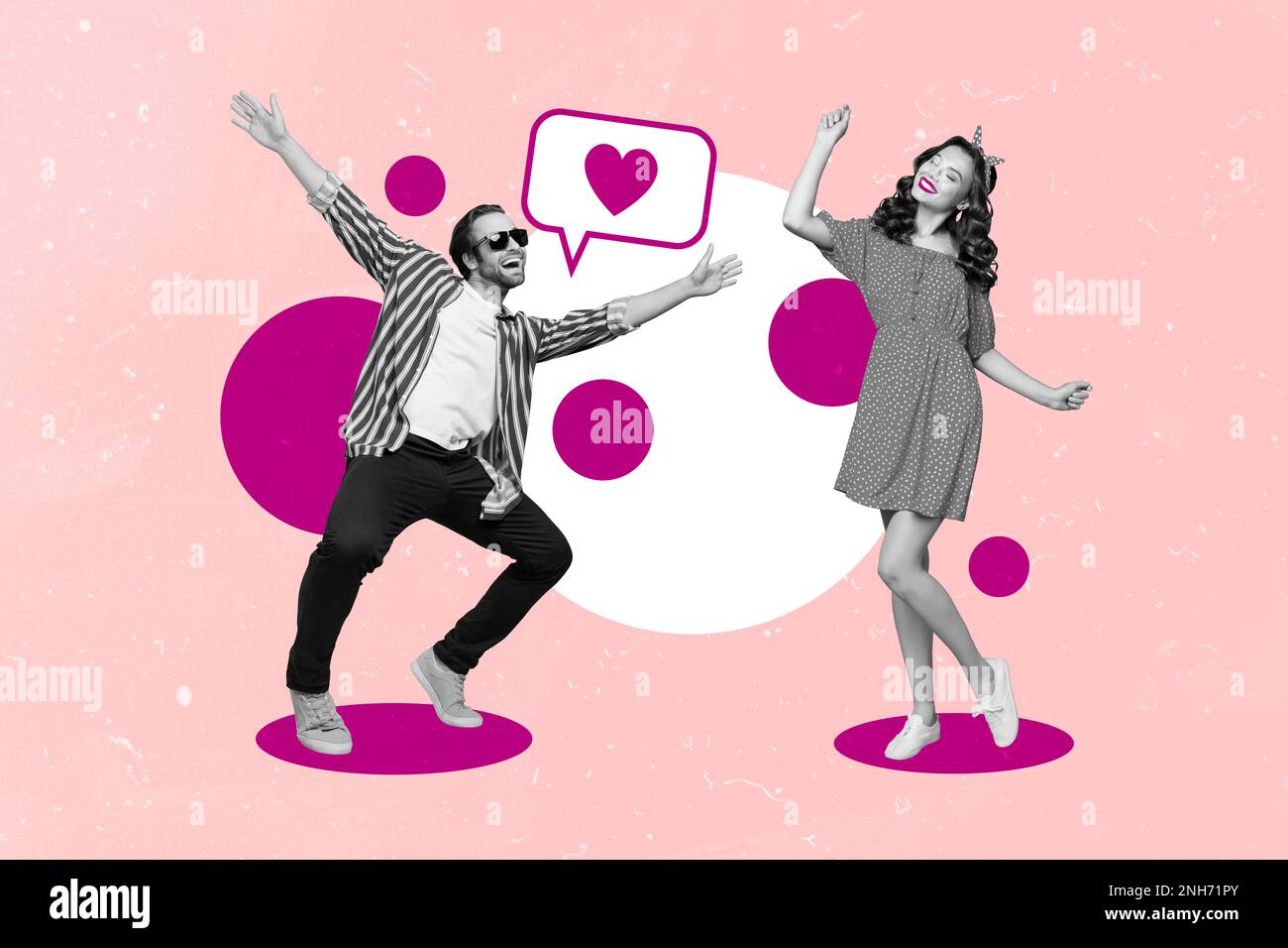 Creative photo collage banner of two young people lovers dancing ...